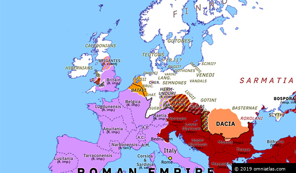 Revolt of the Batavi | Historical Atlas of Europe (24 October 69 AD ...